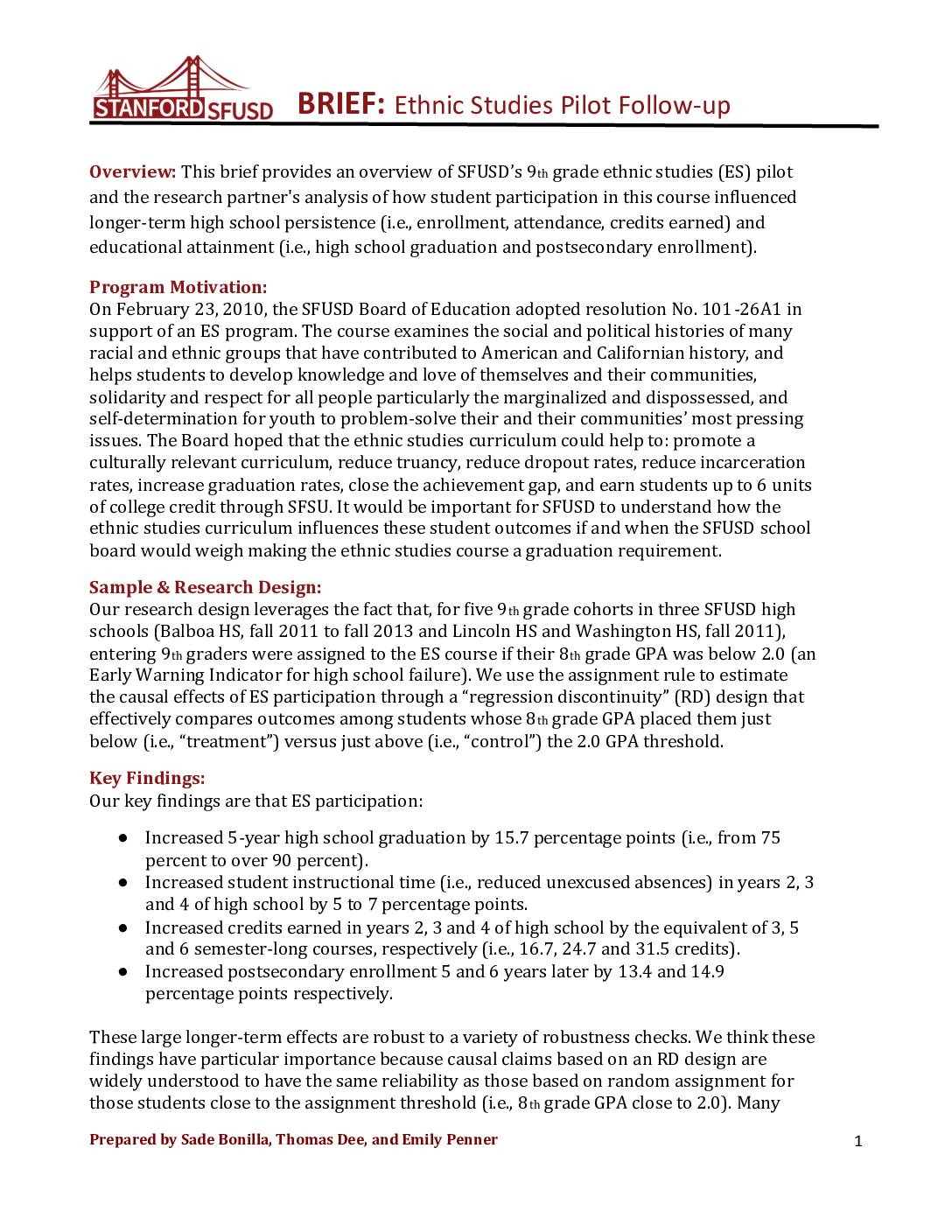 Ethnic Studies Pilot Follow-up Brief - California Education Partners