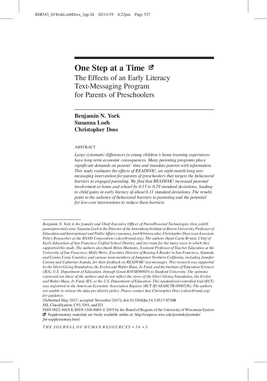 One Step at a Time: The Effects of an Early Literacy Text-Messaging ...